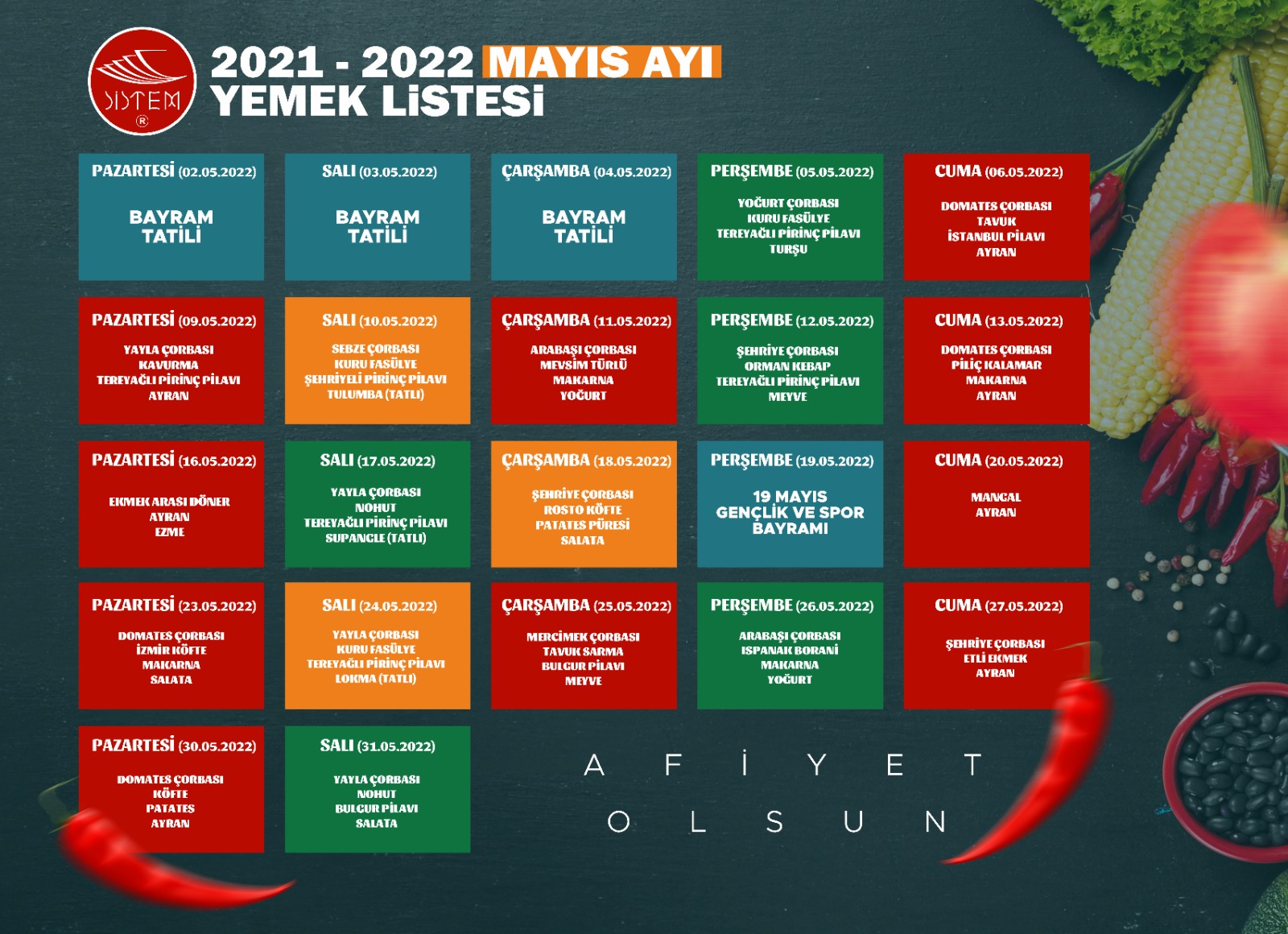 ANAOKULU / Yemek Listesi / SİSTEM Eğitim Kurumları